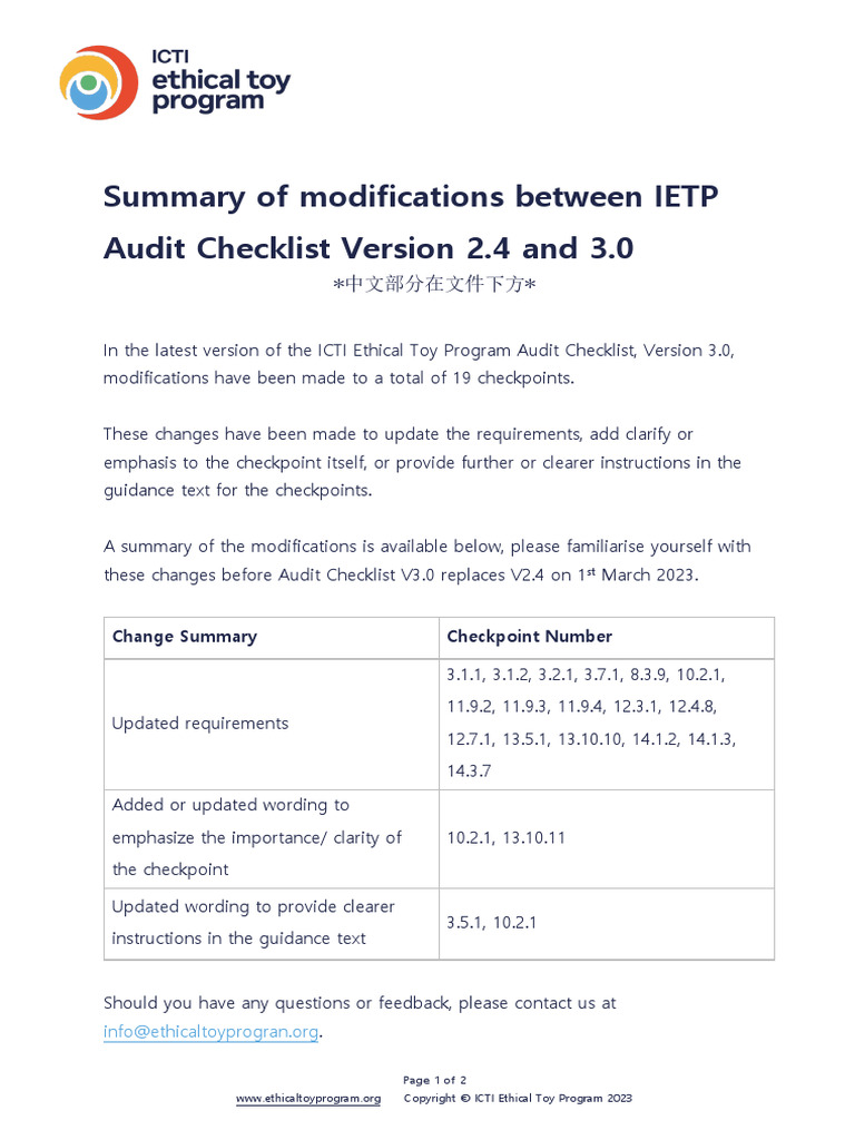 Summary of Modifications Between IETP Audit Checklist Version 2.4 and 3.0 | PDF