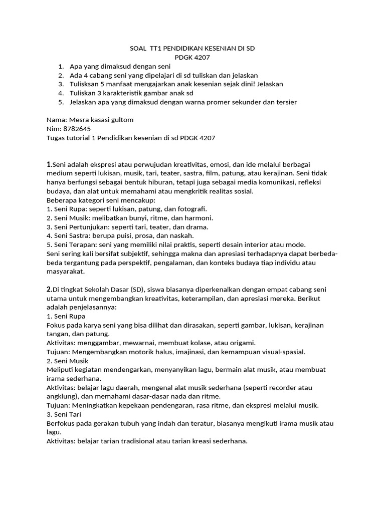 Soal TT1 Pendidikan Kesenian Di SD 2024 | PDF