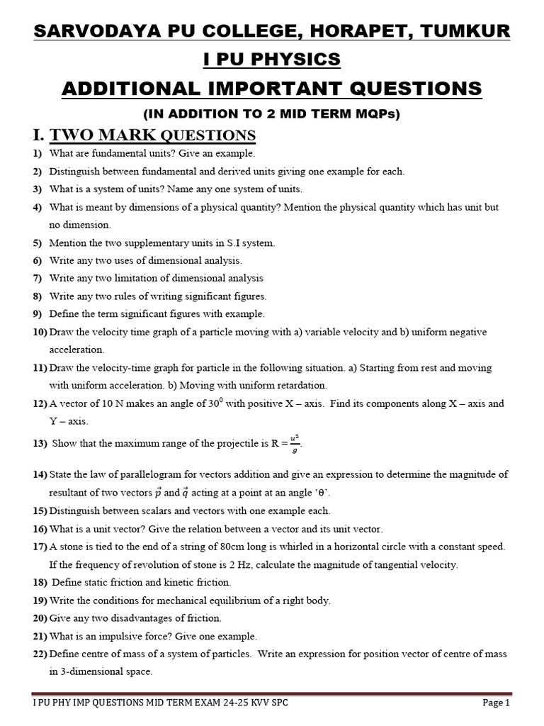 I Pu Phy Additional Imp Questions Mte 24-25 KVV | PDF | Acceleration | Force