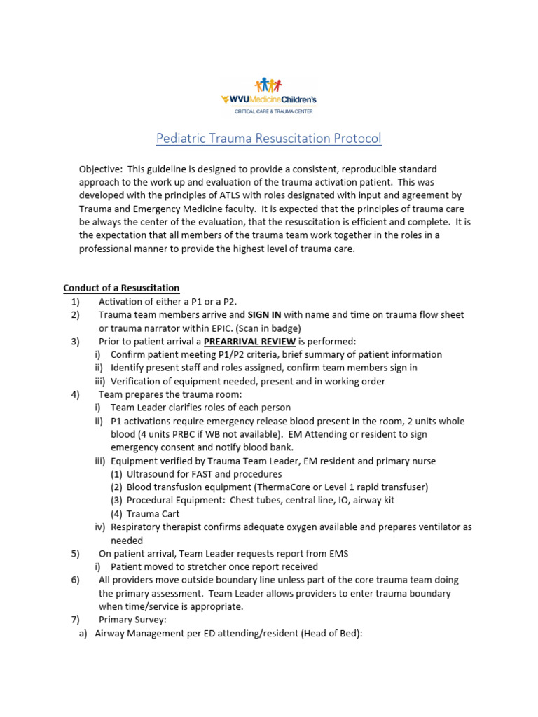 Pedsth 2023 Pediatric Trauma Resuscitation ED Protocol | PDF | Major ...