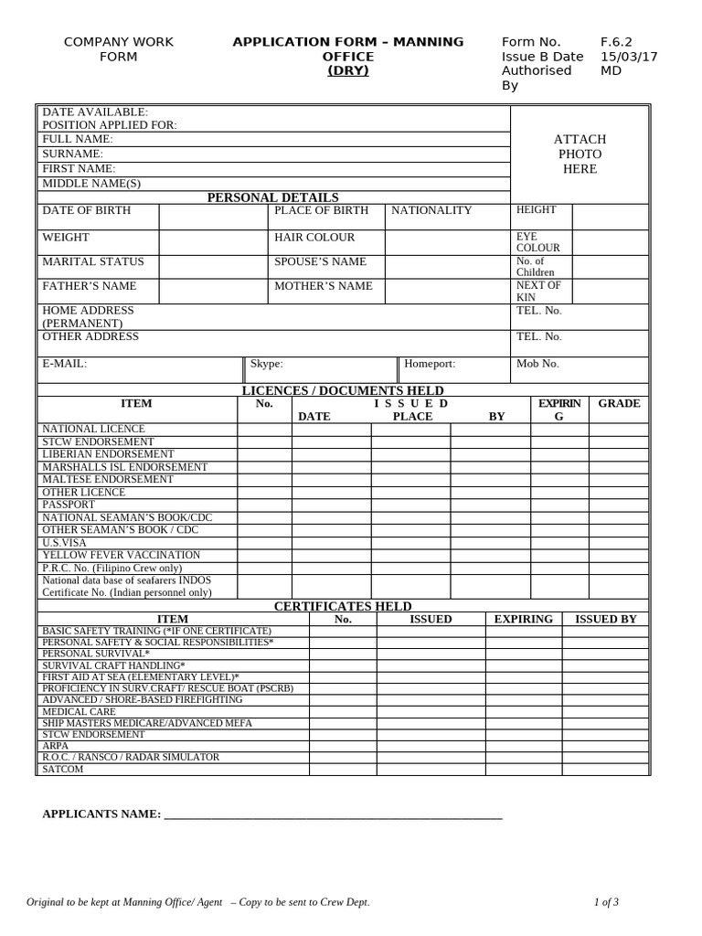 f.6.2 - Apllication Form Manning Office Issue B 15.03.17 | PDF ...