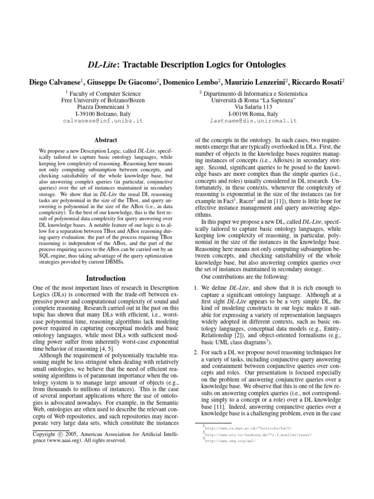 DL-Lite Tractable Description Logics For Ontologies | PDF | Relational Model | Databases
