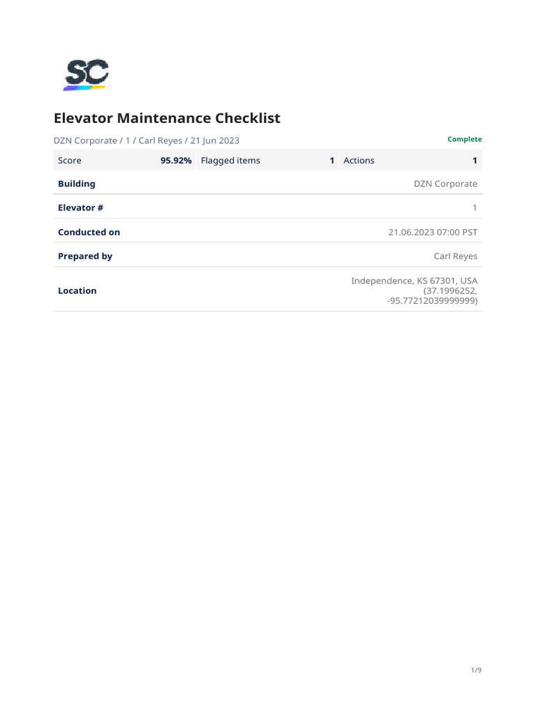 Elevator Maintenance Checklist Sample Report SafetyCulture | PDF ...
