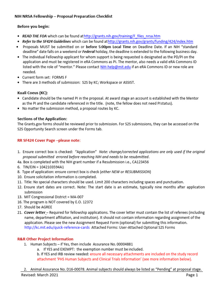 NIH NRSA Fellowship Checklist | PDF