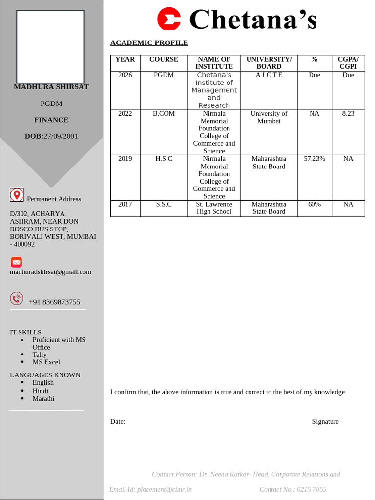 CV Madhura | PDF | Qualifications | Vocational Education