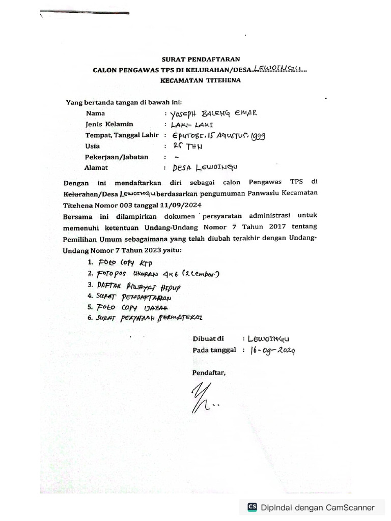 Surat Pendaftaran Yoseph Emar | PDF