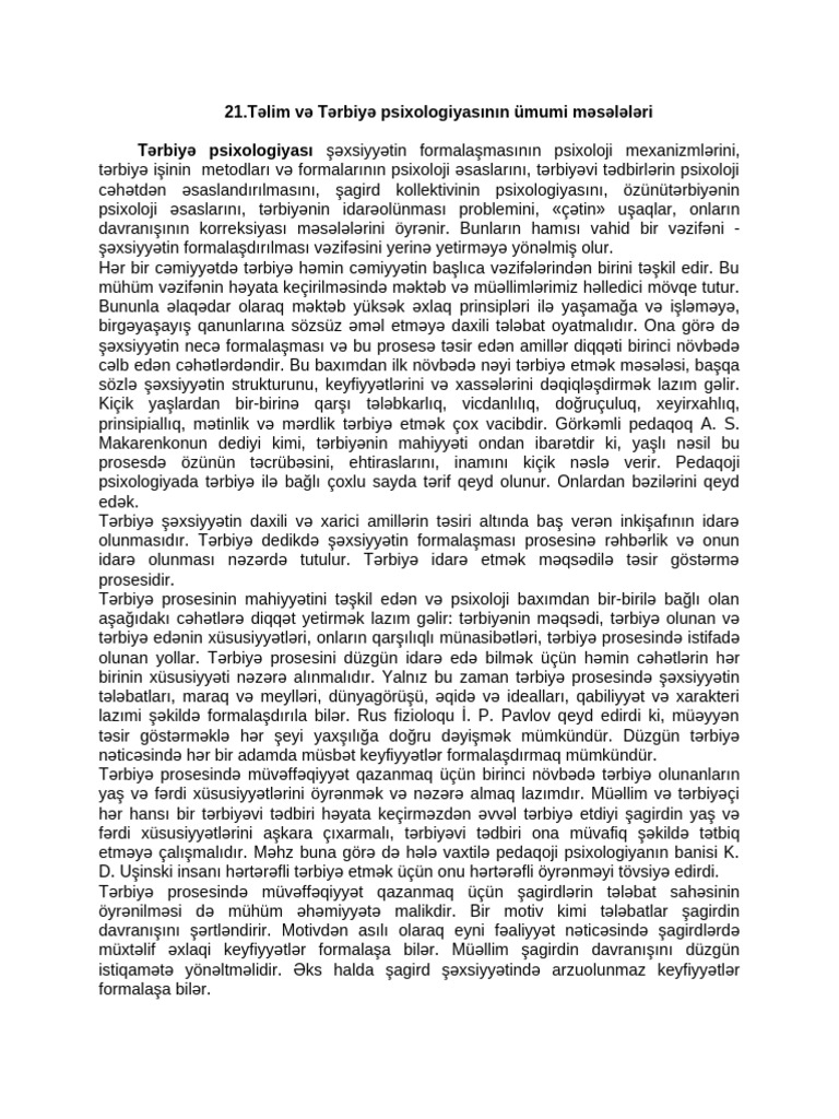 Təlim VƏ Tərbiyə Psixologiyasının Ümumi Məsələləri | PDF