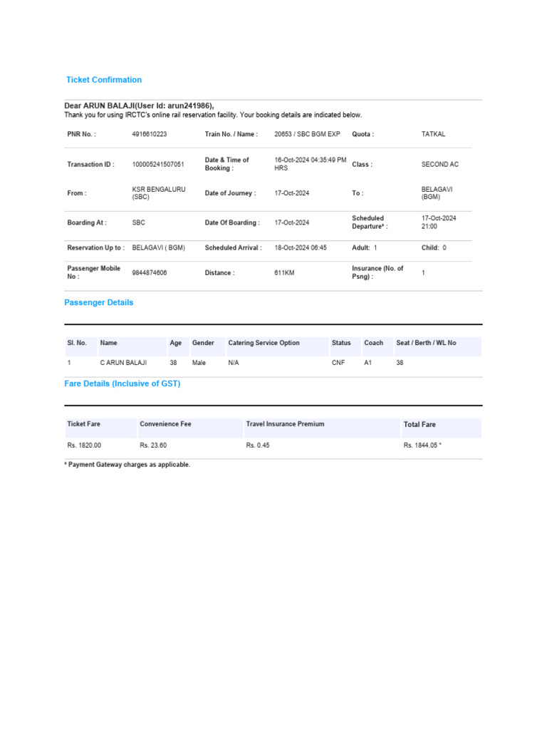 IRCTC Ticket Confirmation for Train Journey | PDF