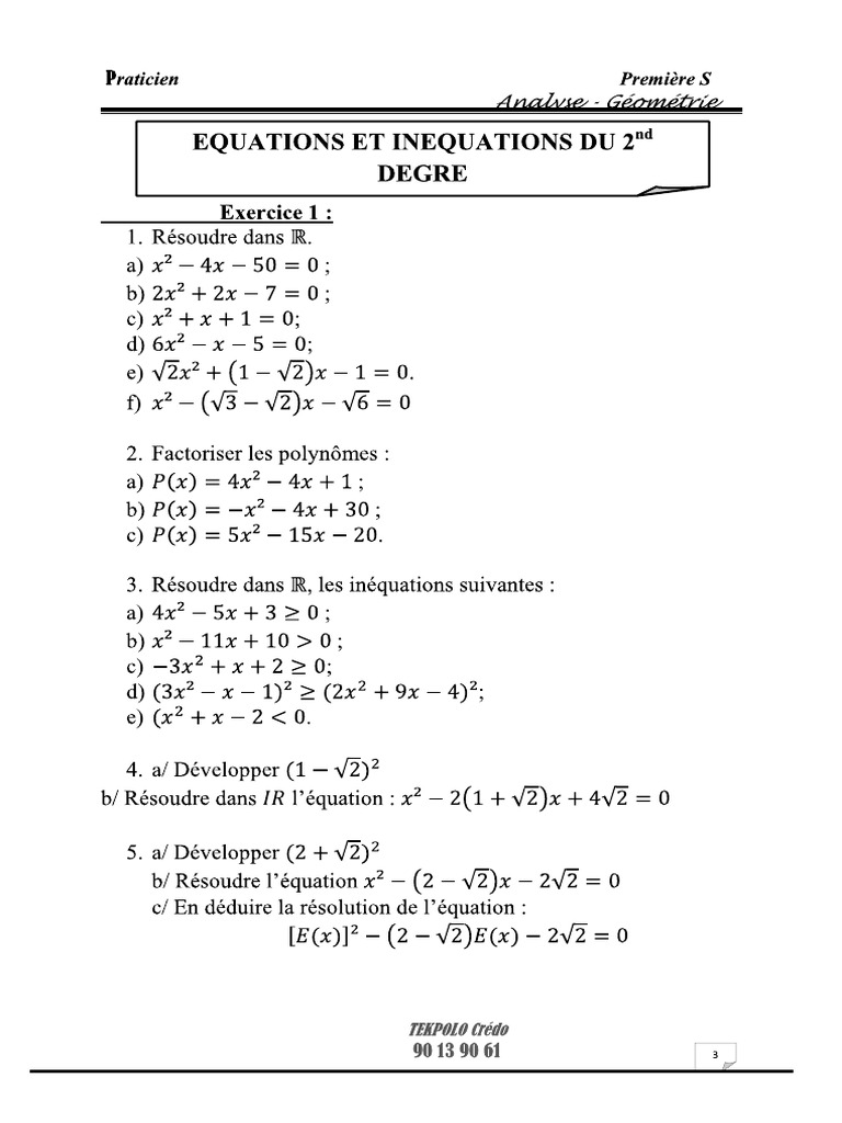 TD Équation Et Inéquation 2nd Dégré | PDF