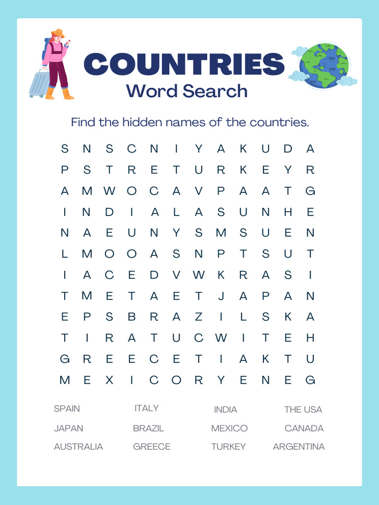 Countries Word Search Worksheet Blue in Cute Fun Style | PDF