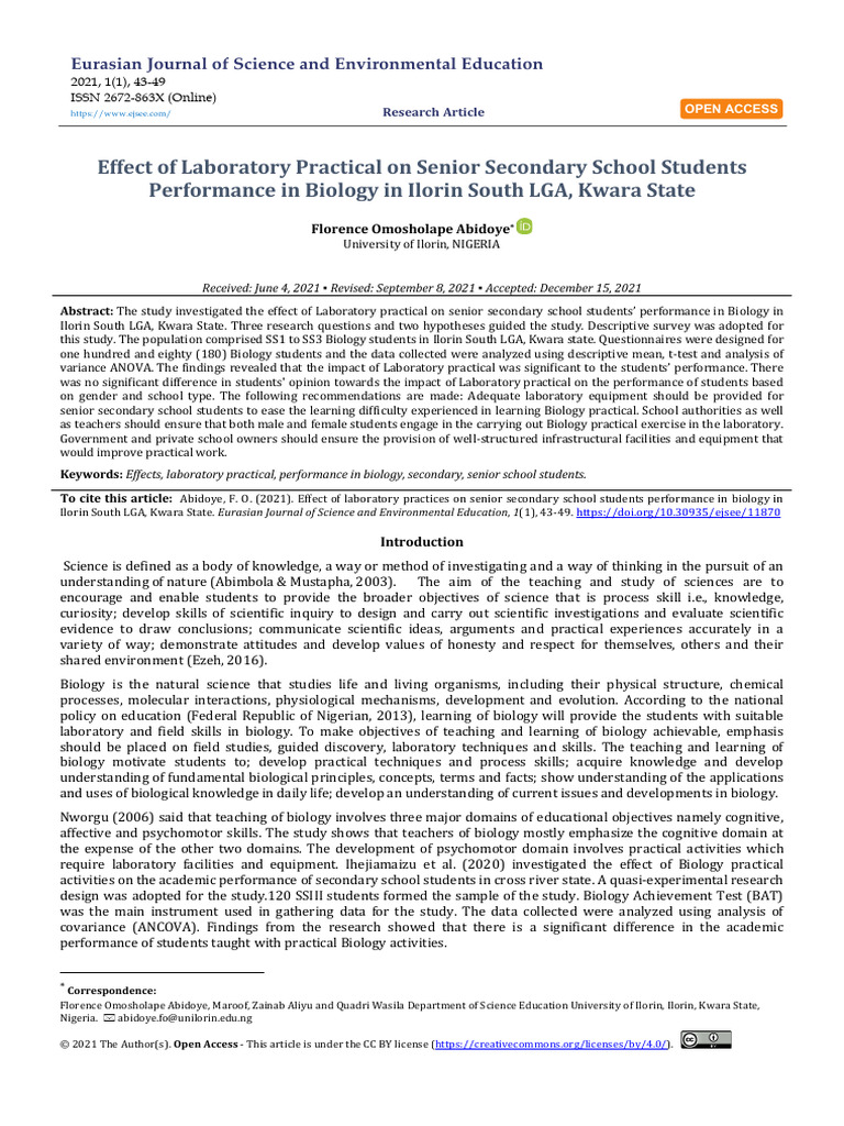 Effect of Laboratory Practical On Senior Secondary School Students ...