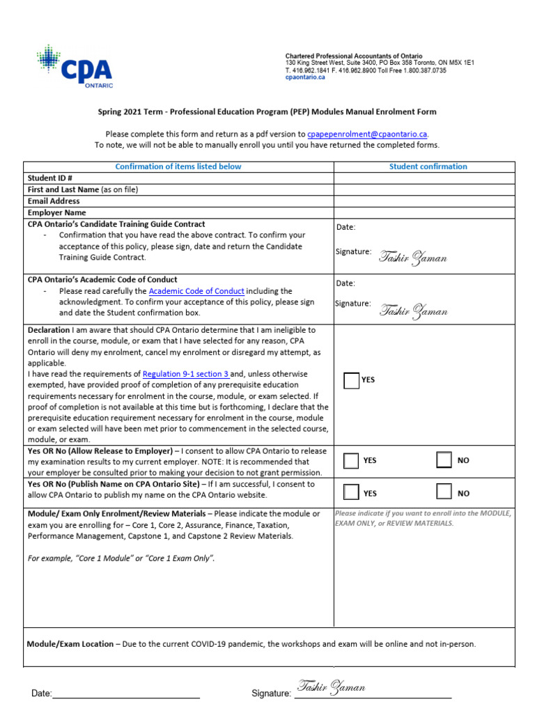 CPA Ontario PEP Modules Enrollment Form | PDF | Certified Public Accountant
