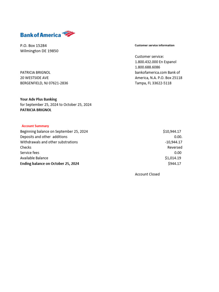 P.O. Box 15284 Wilmington DE 19850: Your Adv Plus Banking Patricia ...