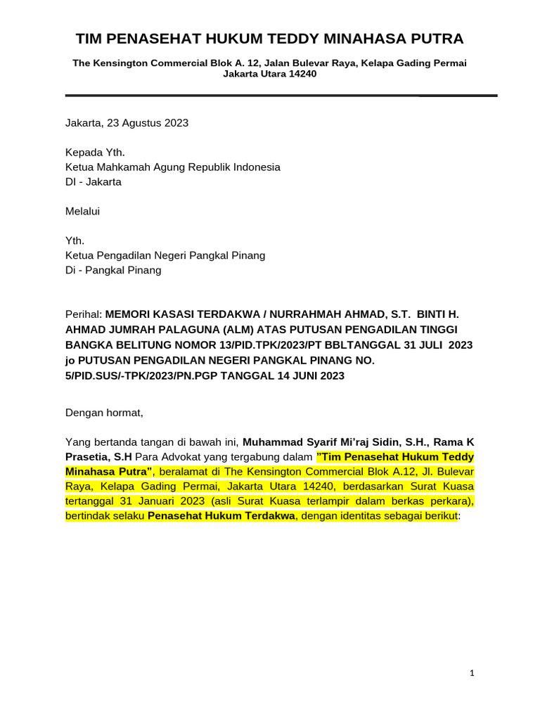 Draft Memo Kasasi Nurrahma New | PDF | Hukum