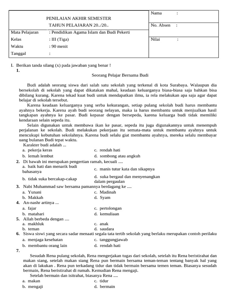 Soal PAS PAI Kelas 3 | PDF