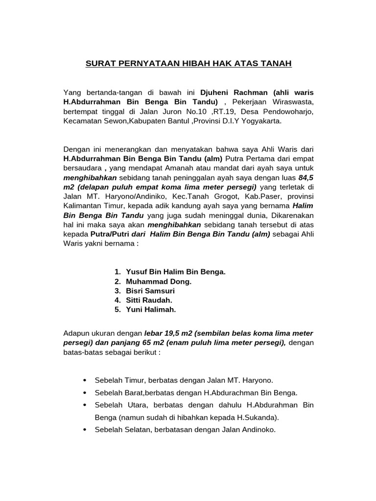 Hibah Tanah untuk Ahli Waris Halim | PDF