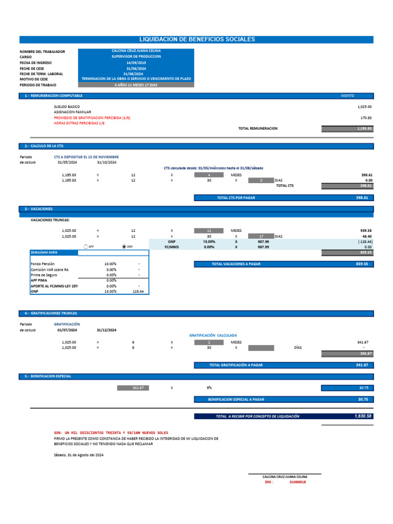 Liquidacion Calcina | PDF | Distribución de ingresos del factor | Pensión