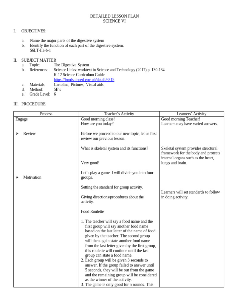 Grade 6 Digestive System Lesson Plan | PDF | Self-Improvement