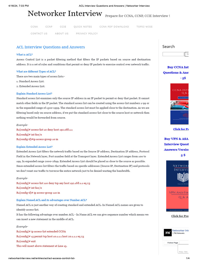 ACL Interview Questions and Answers - Networker Interview | PDF | Ip Address | Internet Protocols