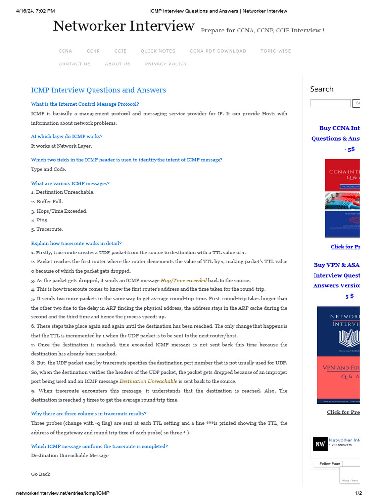 ICMP Interview Questions and Answers - Networker Interview | PDF | Computer Networking | Internet