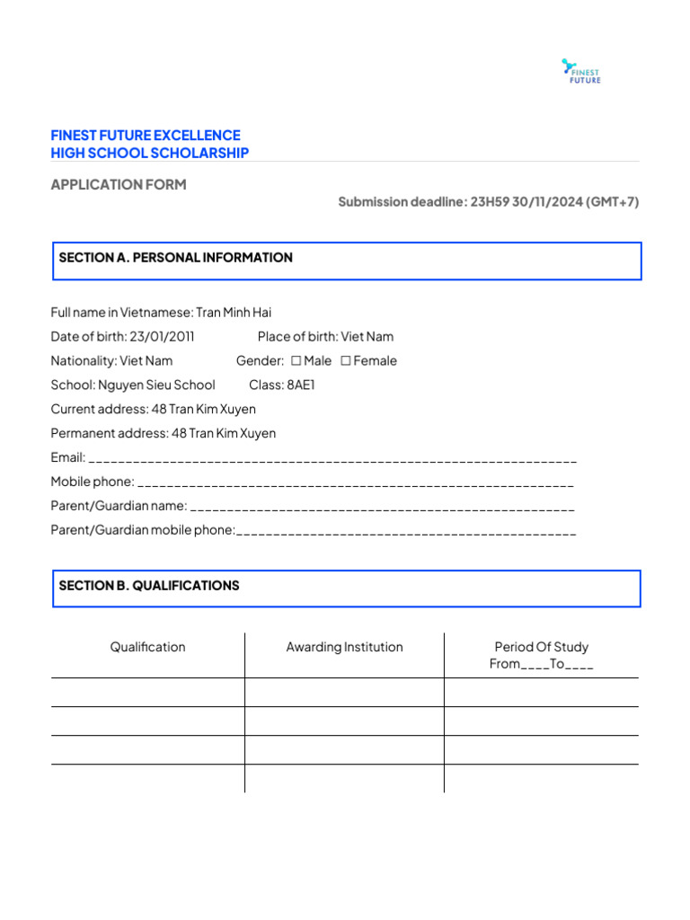 Scholarship Application Form - Finest Future | PDF | Identity Document