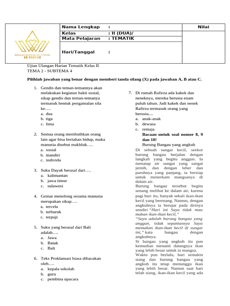 Ulangan Tema 2 Sub 4 Kls 2 | PDF