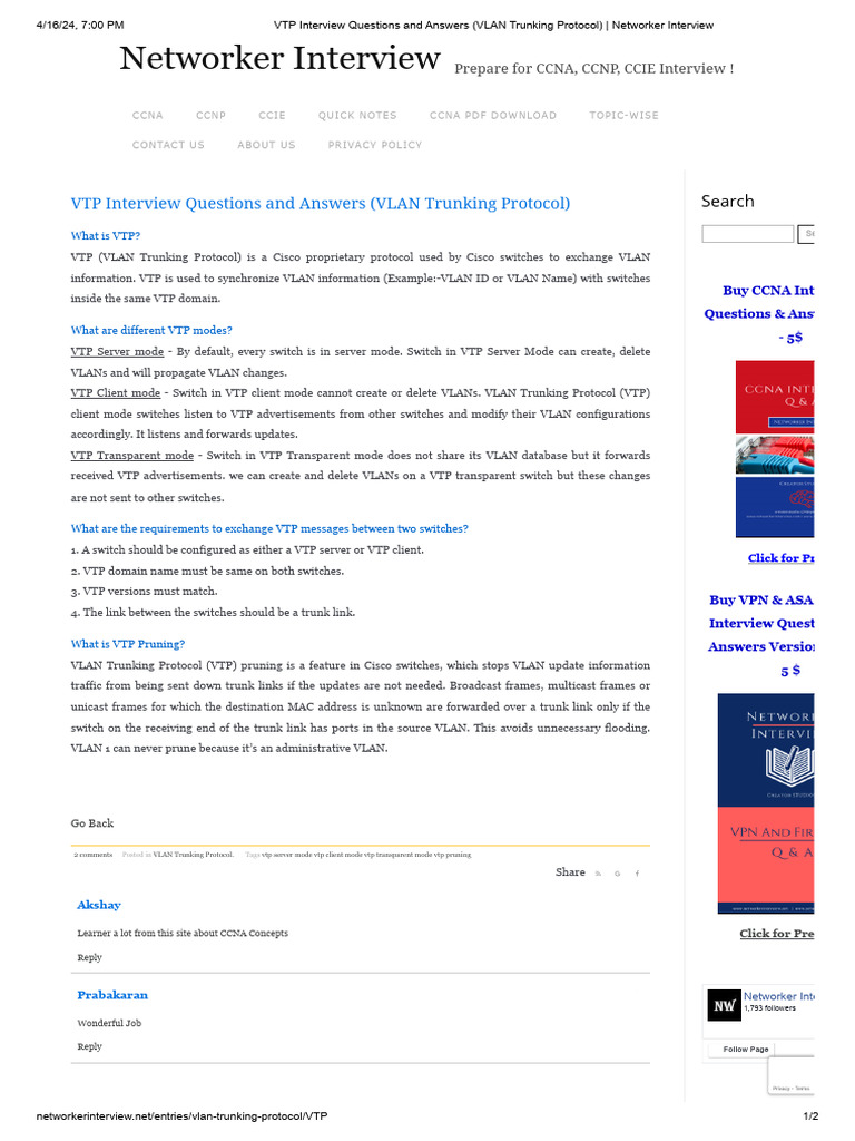 VTP Interview Questions and Answers (VLAN Trunking Protocol) - Networker Interview | PDF | Data ...