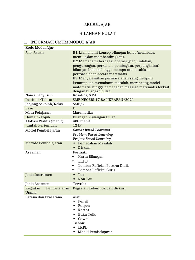 Modul Ajar Matematika - MODUL AJAR BILANGAN BULAT - Fase D | PDF | Karier & Perkembangan