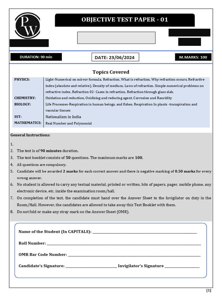 Objective Test - 01 - Test Paper | PDF | Oxide | Refractive Index