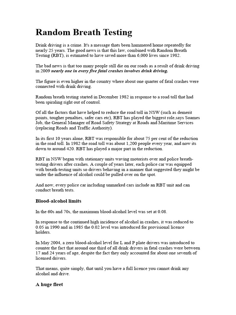 Random Breath Testing | PDF | Driving Under The Influence | Traffic ...