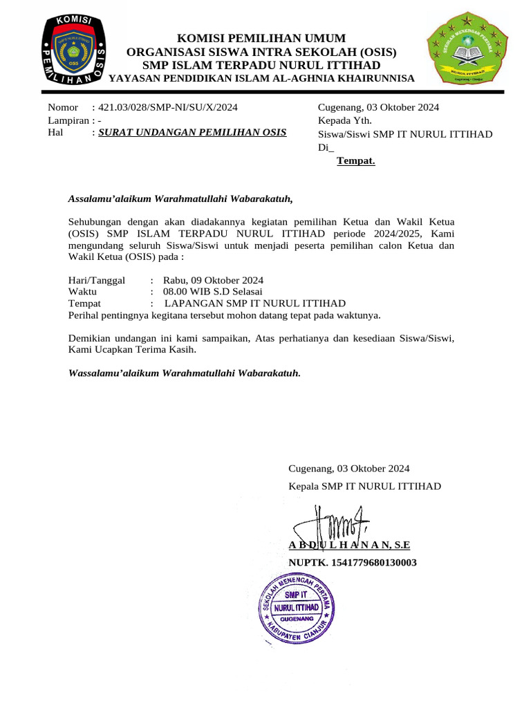 Surat Undangan Pemilihan Osis | PDF