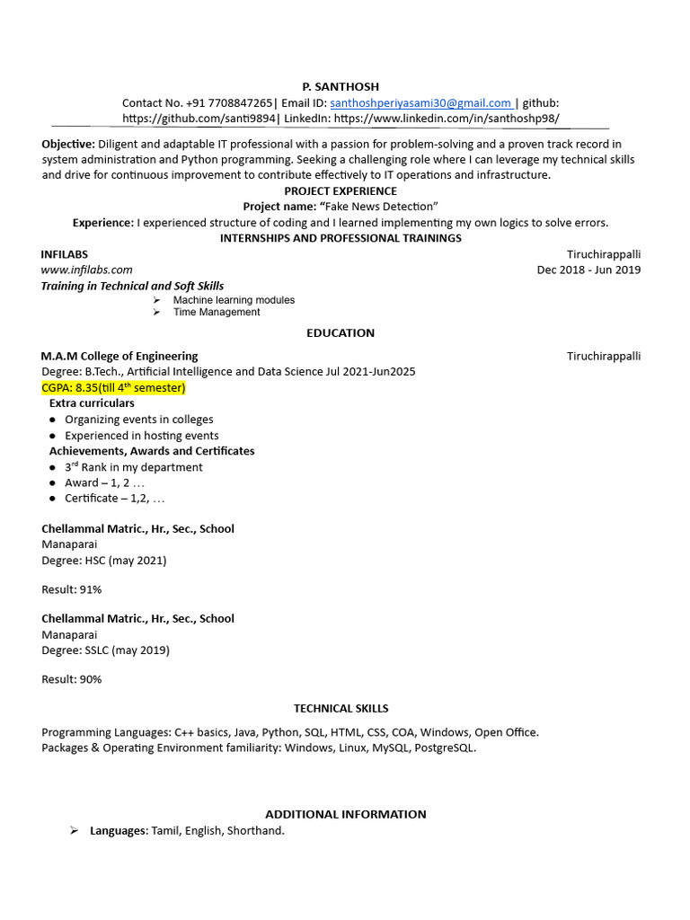 Santhosh Resume | PDF | Computers
