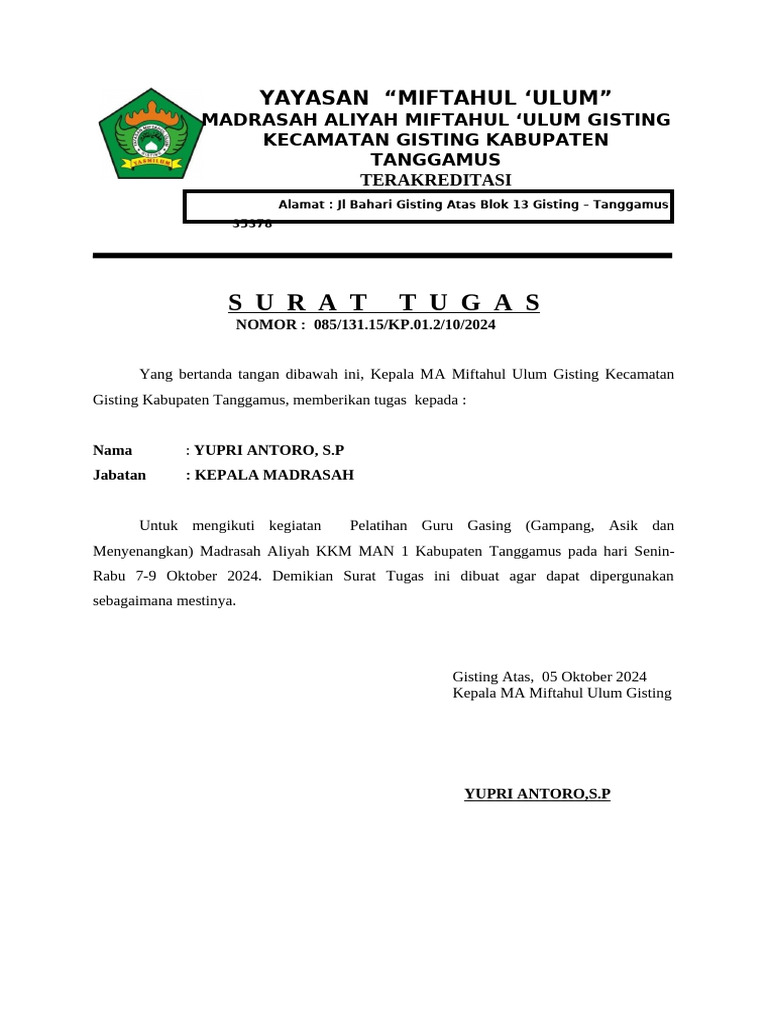 Surat Tugas Pak Prayit Gasing MGMP | PDF