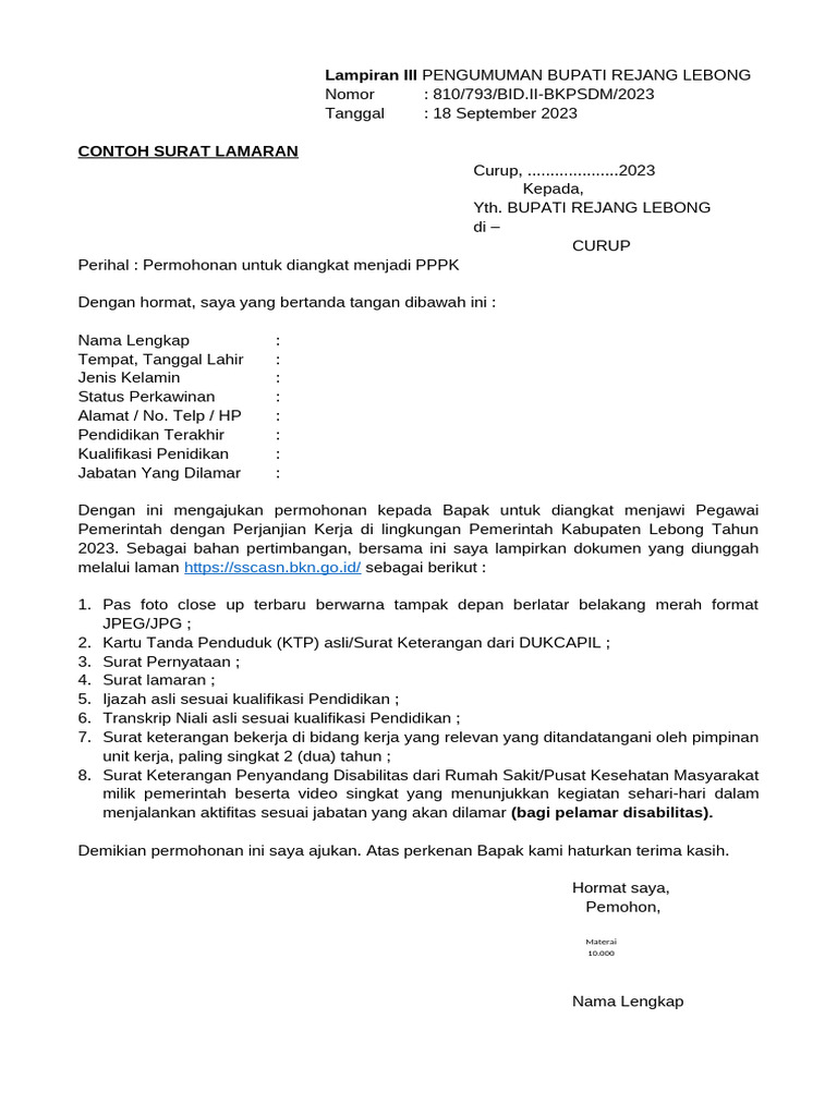 Contoh Surat Lamaran PPPK | PDF | Hukum
