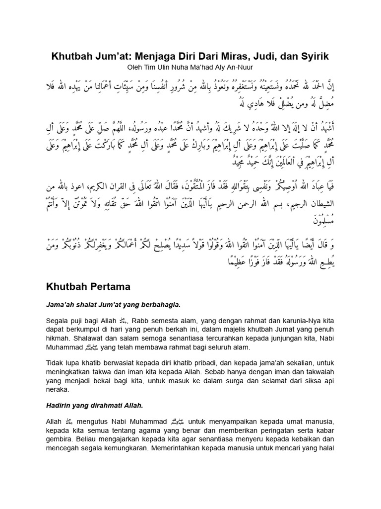 Khutbah Jumat Menjaga Diri Dari Miras Judi Dan Syirik | PDF