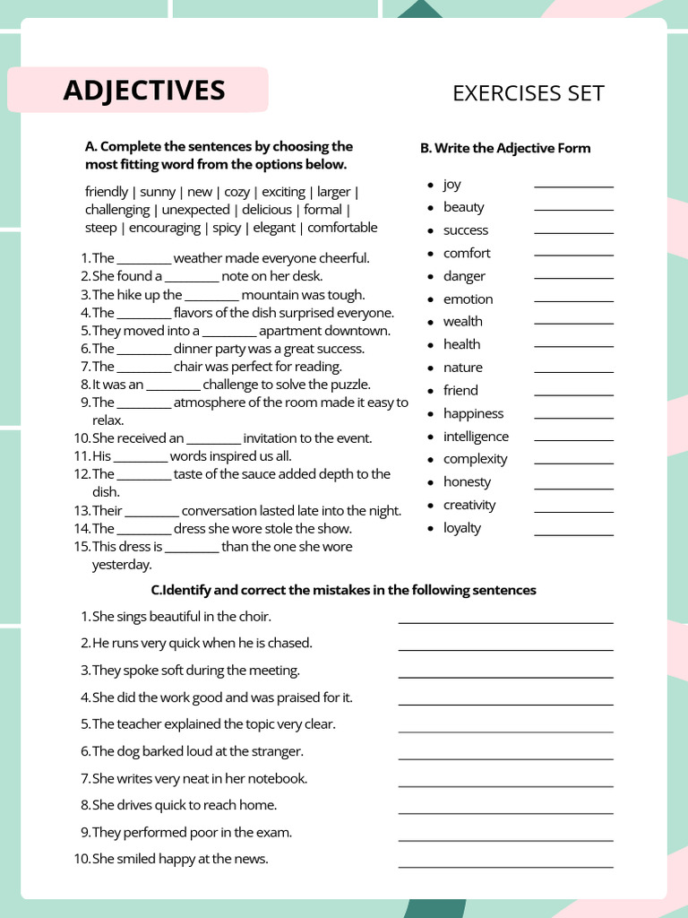 Adjectives Exercises Worksheet Green Cute Pattern Style | PDF
