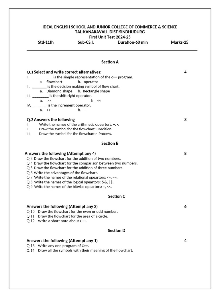 Std 11 Cs Unit Test 2024 25 Guide Pdf