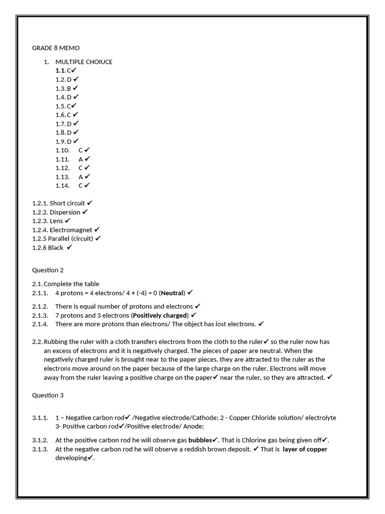 Grade 8 September 2024 Marking Guidelines | PDF | Anode | Electrode
