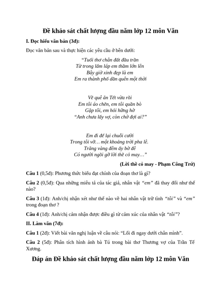 De Thi Khao Sat Chat Luong Dau Nam Lop 12 Mon Van de 3 | PDF