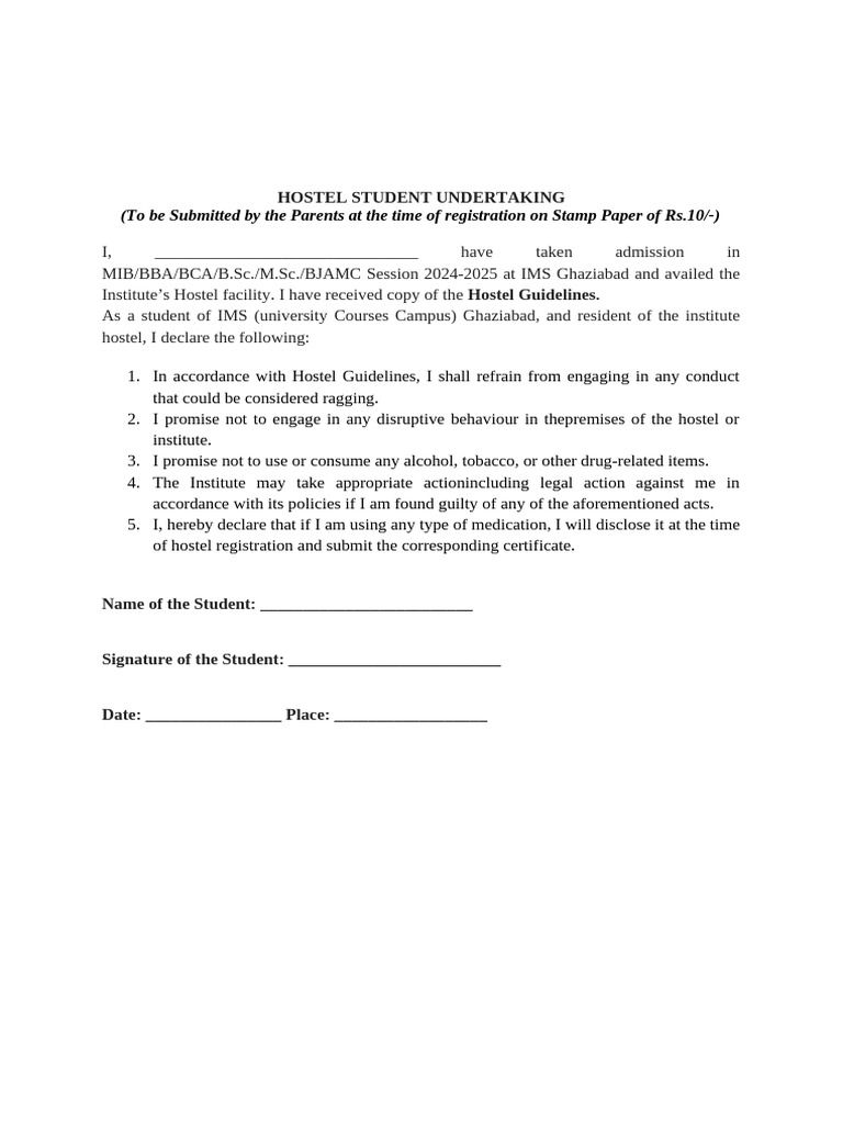Hostel Admission Undertaking Form | PDF | Medicine | Health Care