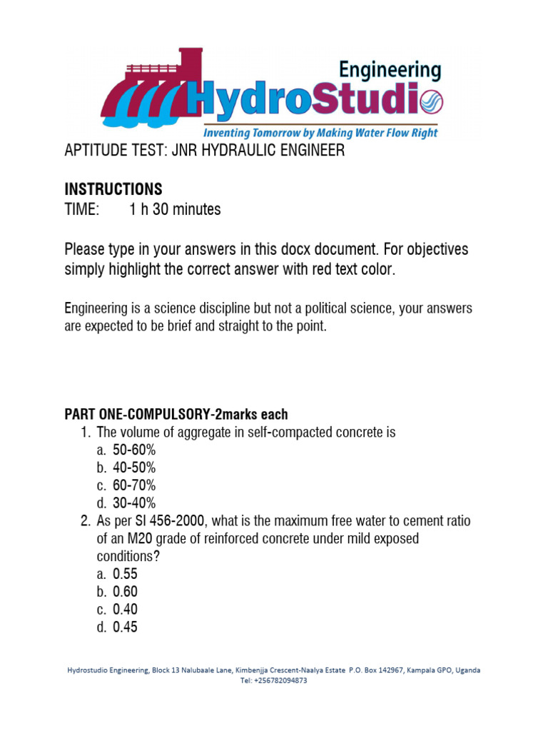 APTITUDE TEST - Hydraulic Eng | PDF | Dam | Concrete