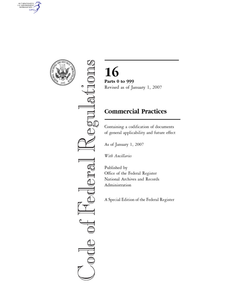 CFR-2007-title16-vol1 - COMMERCIAL PRACTICES | PDF | Code Of Federal ...