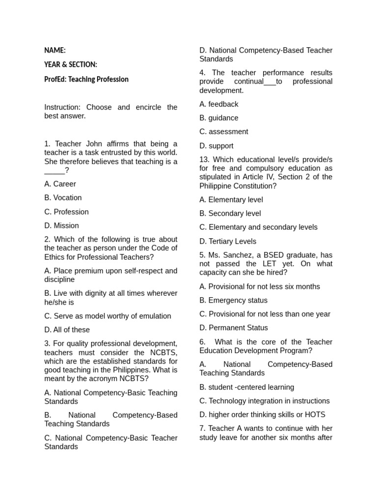 Teacher Profession LET Review Questions | PDF | Teachers | Profession
