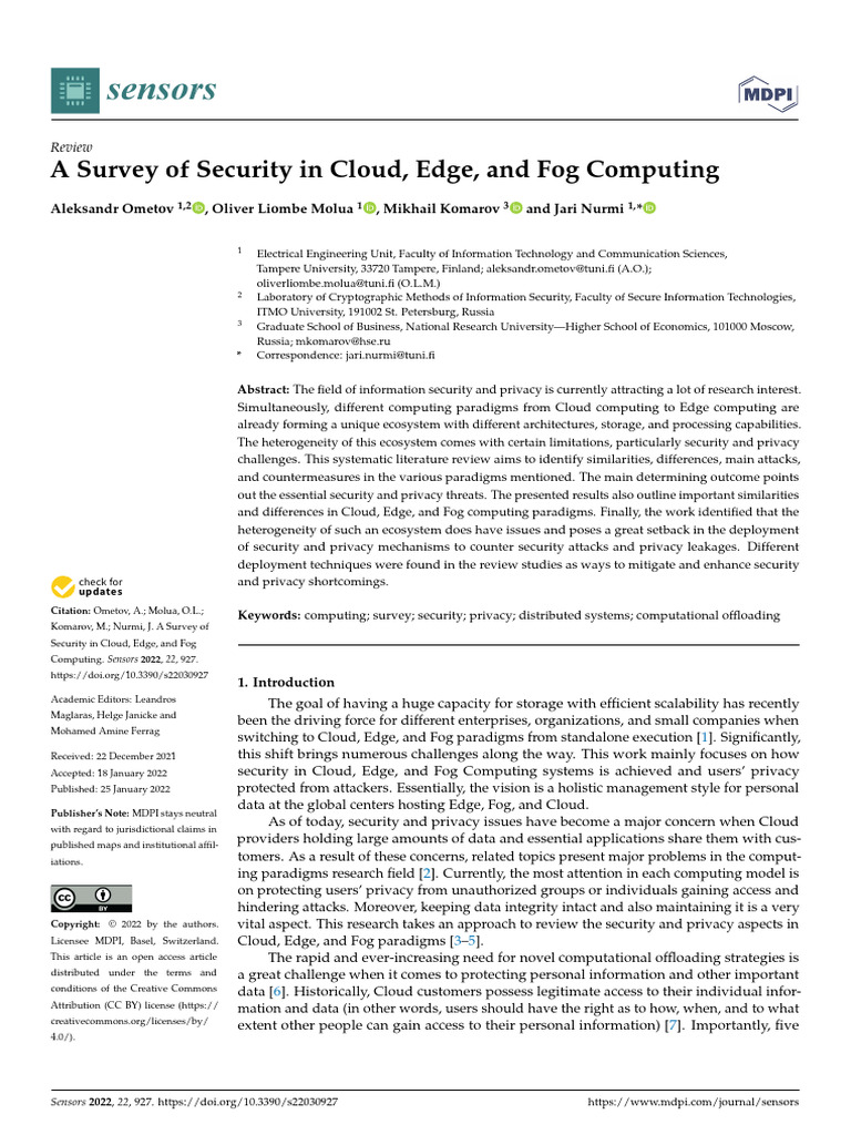 A Survey of Security in Cloud, Edge, and Fog Computing | PDF | Cloud Computing | Computer Network
