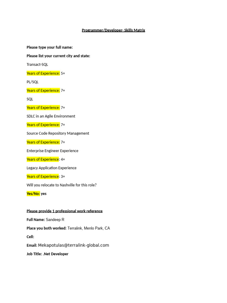 Programmer& Developer - Skills Matrix | PDF