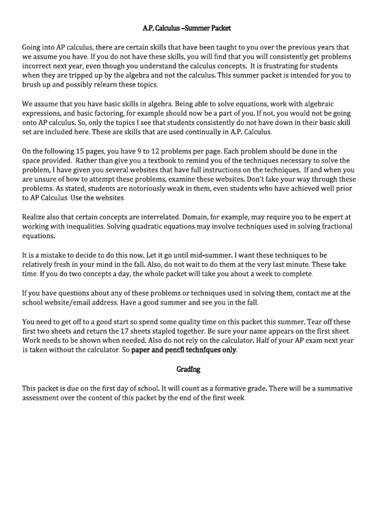 AP Calculus Summer Assignment 2024 | PDF