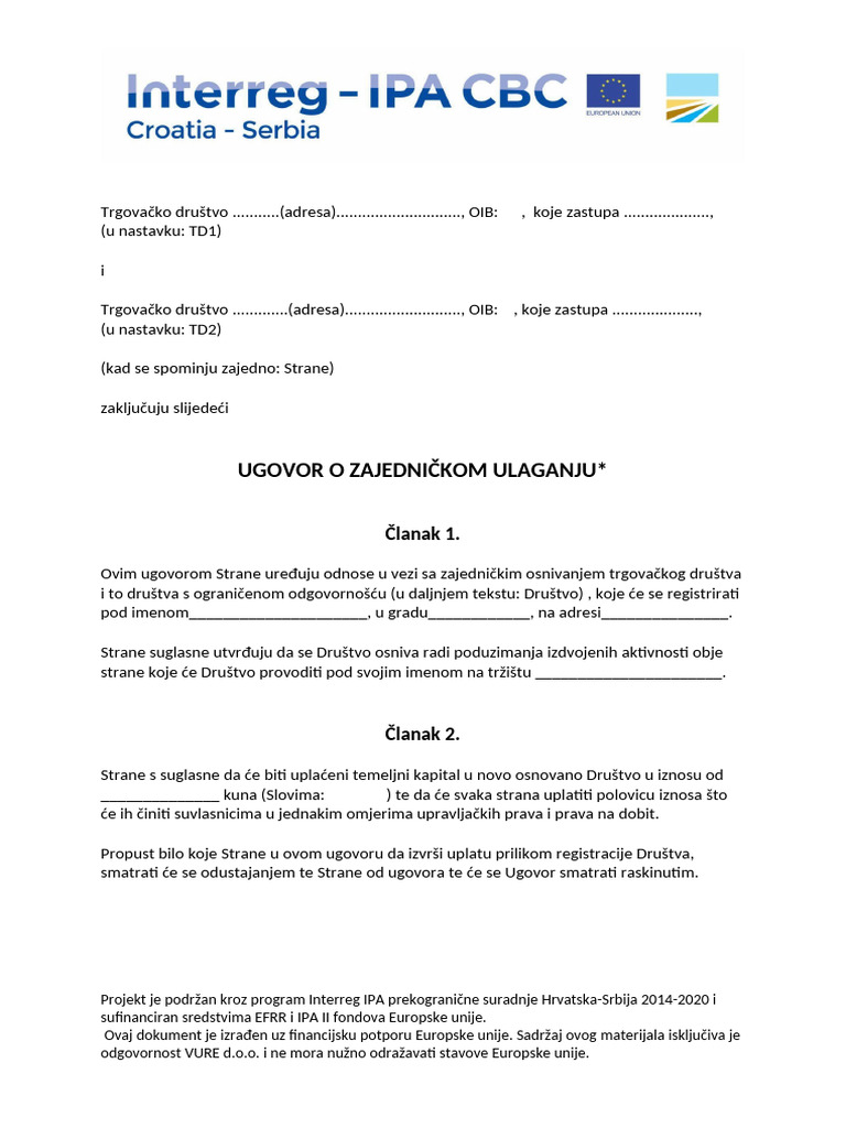 07 Ugovor o Zajednickom Ulaganju Predlozak | PDF