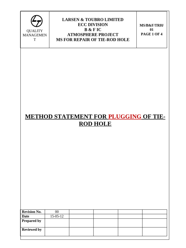 Tie Rod Hole Repair Method Statement | PDF | Concrete