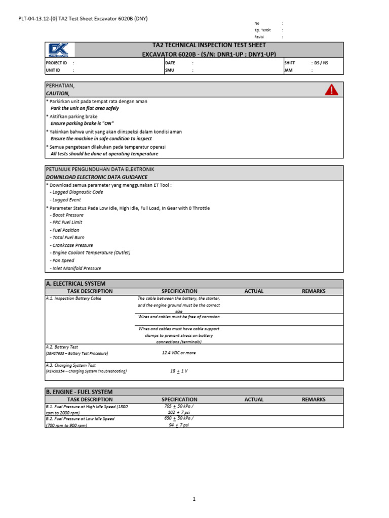 Excavator 6020B TA2 Test Sheet | PDF | Mechanical Engineering | Engines