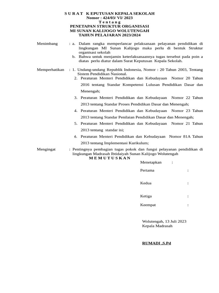 1.1 Surat Keputusan Penetapan Struktur Pelaksana Organisasi Sekolah ...